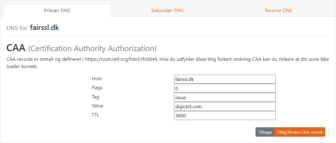 CAA-record opsætning | FairSSL
